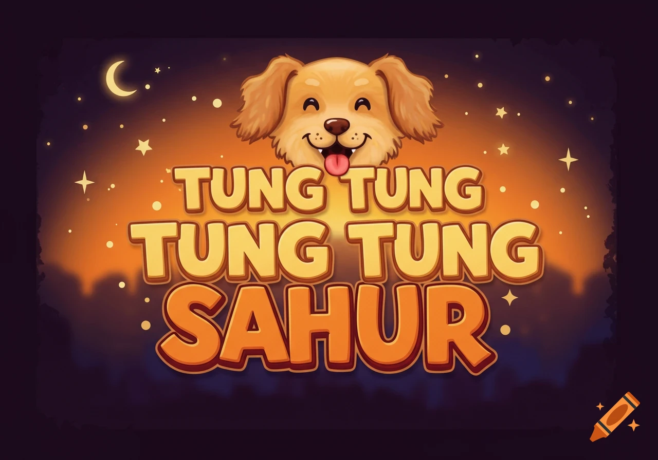 A cartoon dog head above orange text reading TUNG TUNG TUNG TUNG SAHUR ...