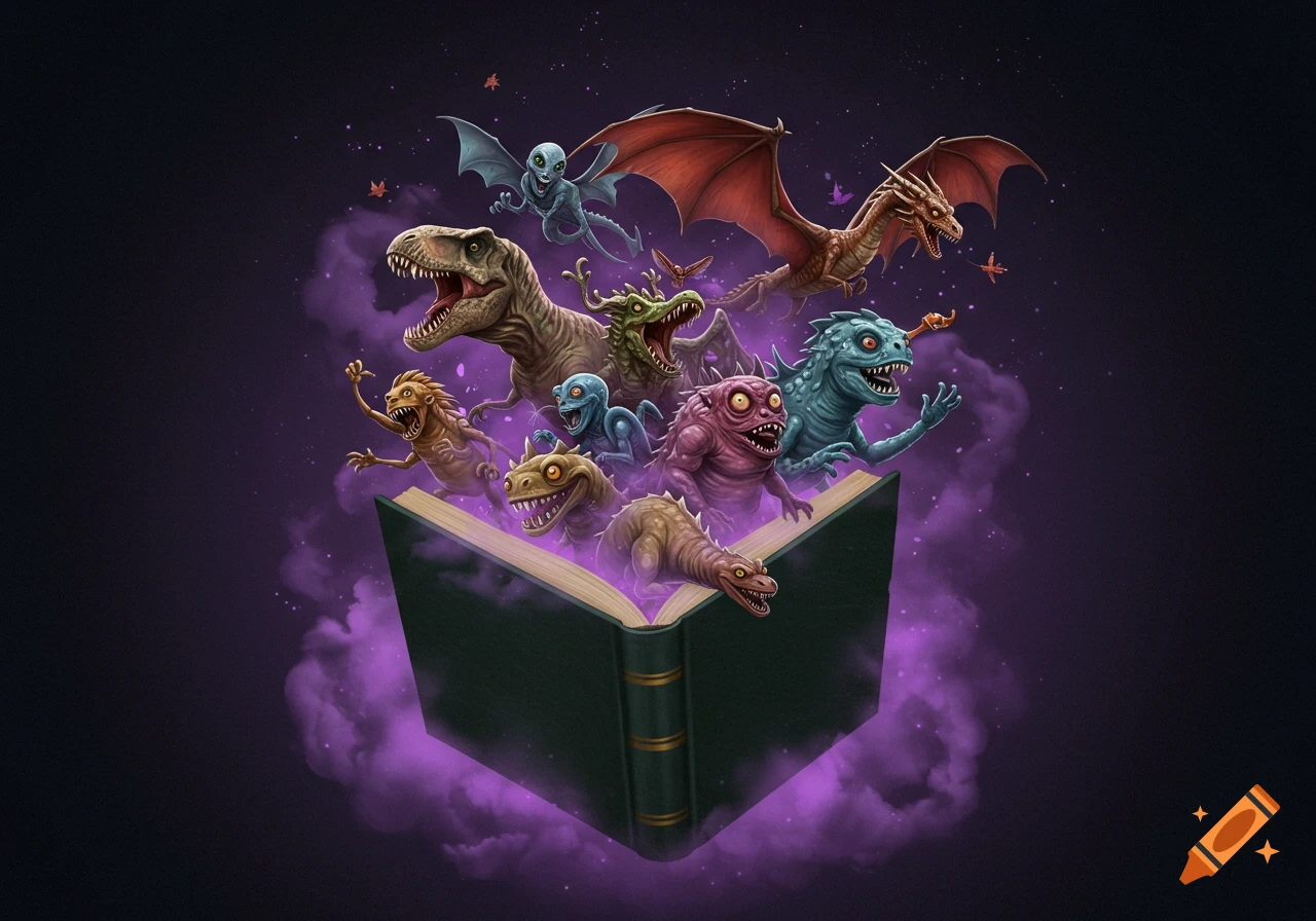 Book with creatures emerging, T-Rex, dragon, alien and monster on Craiyon