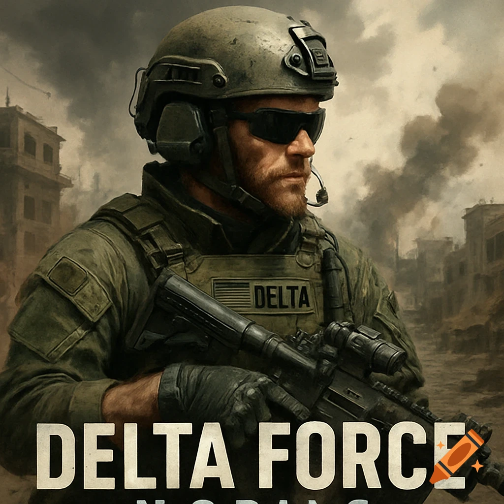 Photorealistic portrait of a Delta Force soldier in tactical gear holding a rifle in a ruined ...