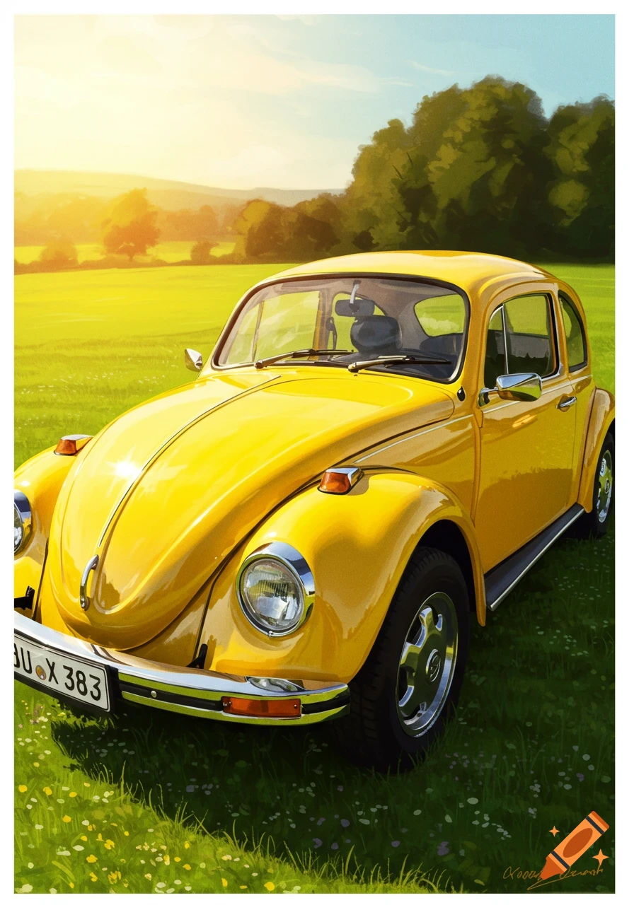 Yellow classic Volkswagen Beetle in a field at sunset, digital painting. on Craiyon