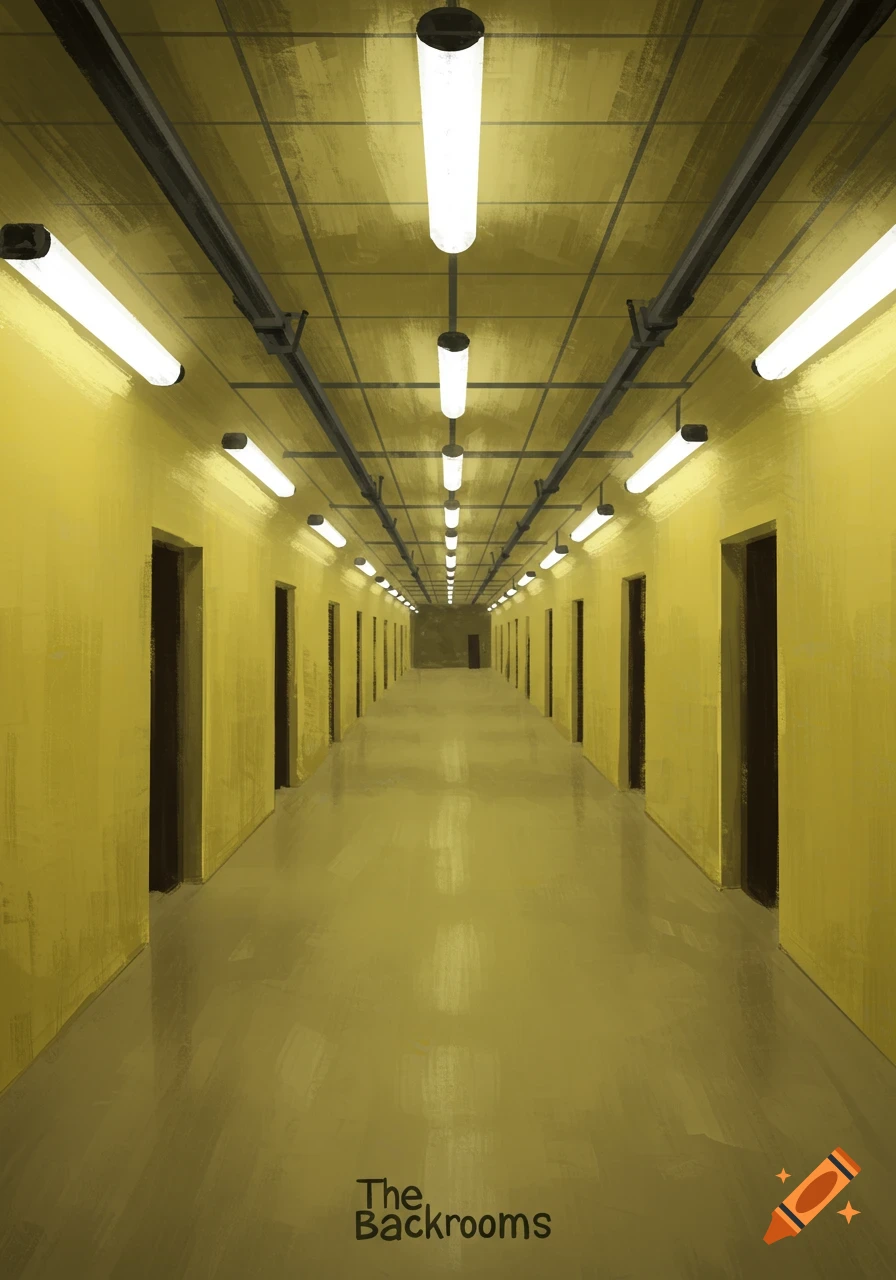 A long, empty yellow hallway with many doors and fluorescent lights ...