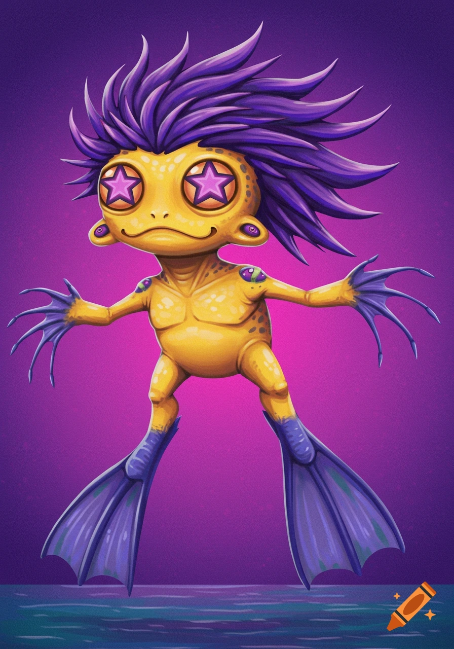 Yellow creature with star eyes, purple spiky hair, flippers, and gene ...