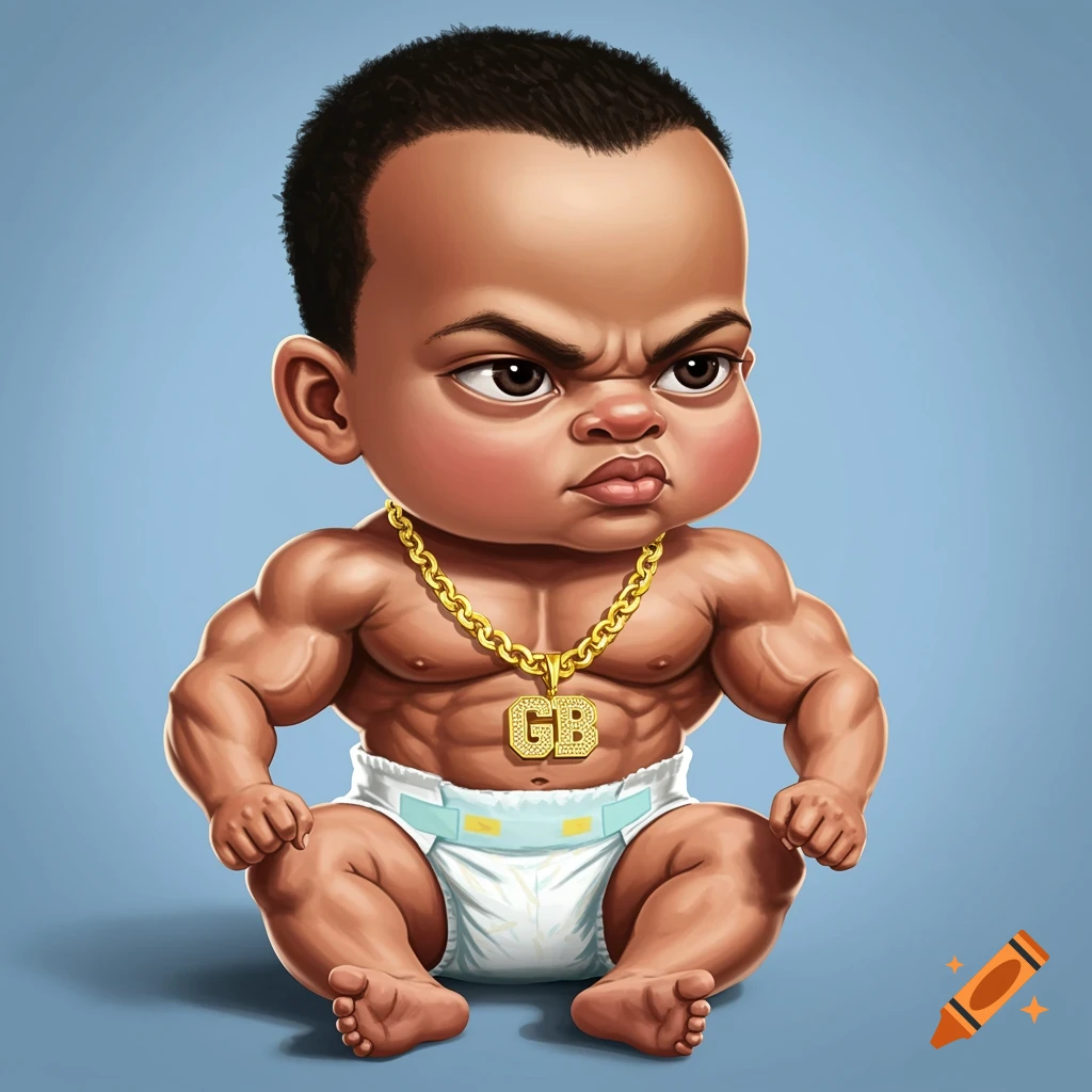 Cartoon illustration of a muscular baby wearing a diaper and a gold ...