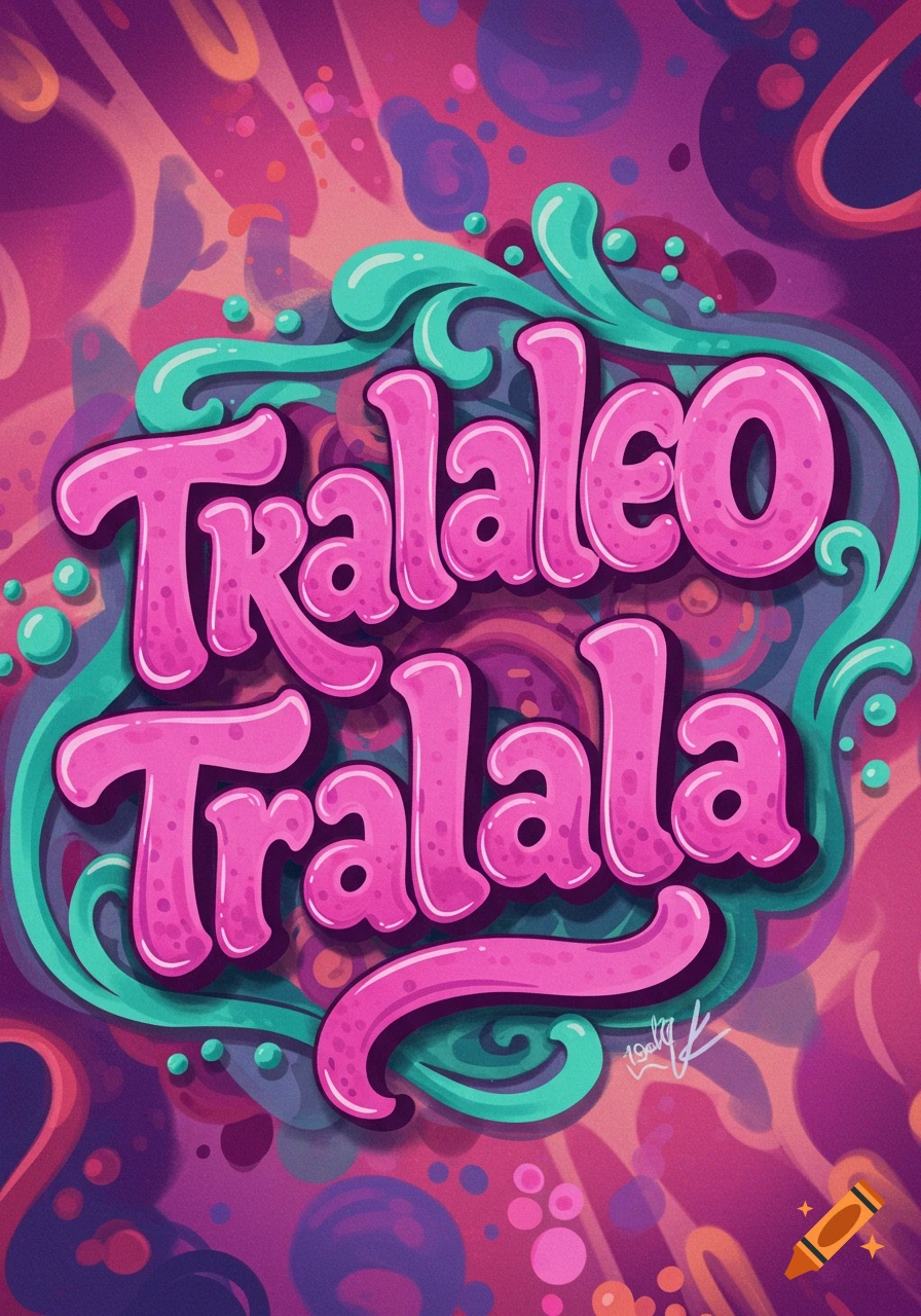 Stylized pink and purple bubble text reading "Tralaleo Tralala" with highlights and sparkles. on ...