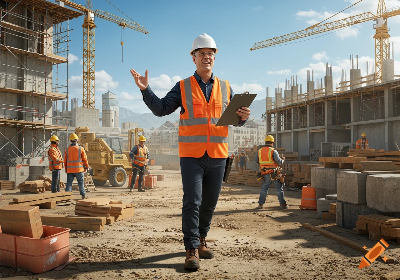A man in a neon safety vest and jeans holds blueprints at a ...