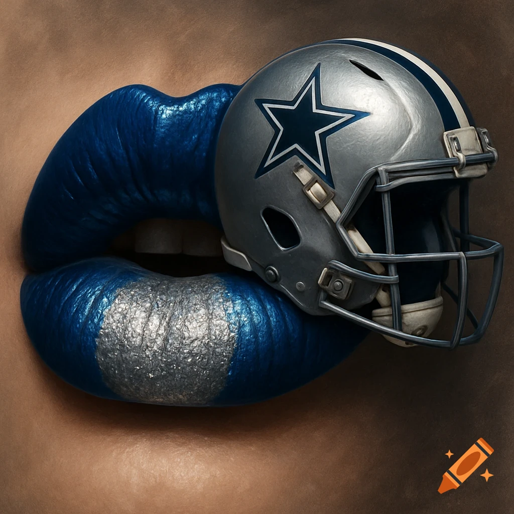 Close-up of blue and silver painted lips with a football helmet ...