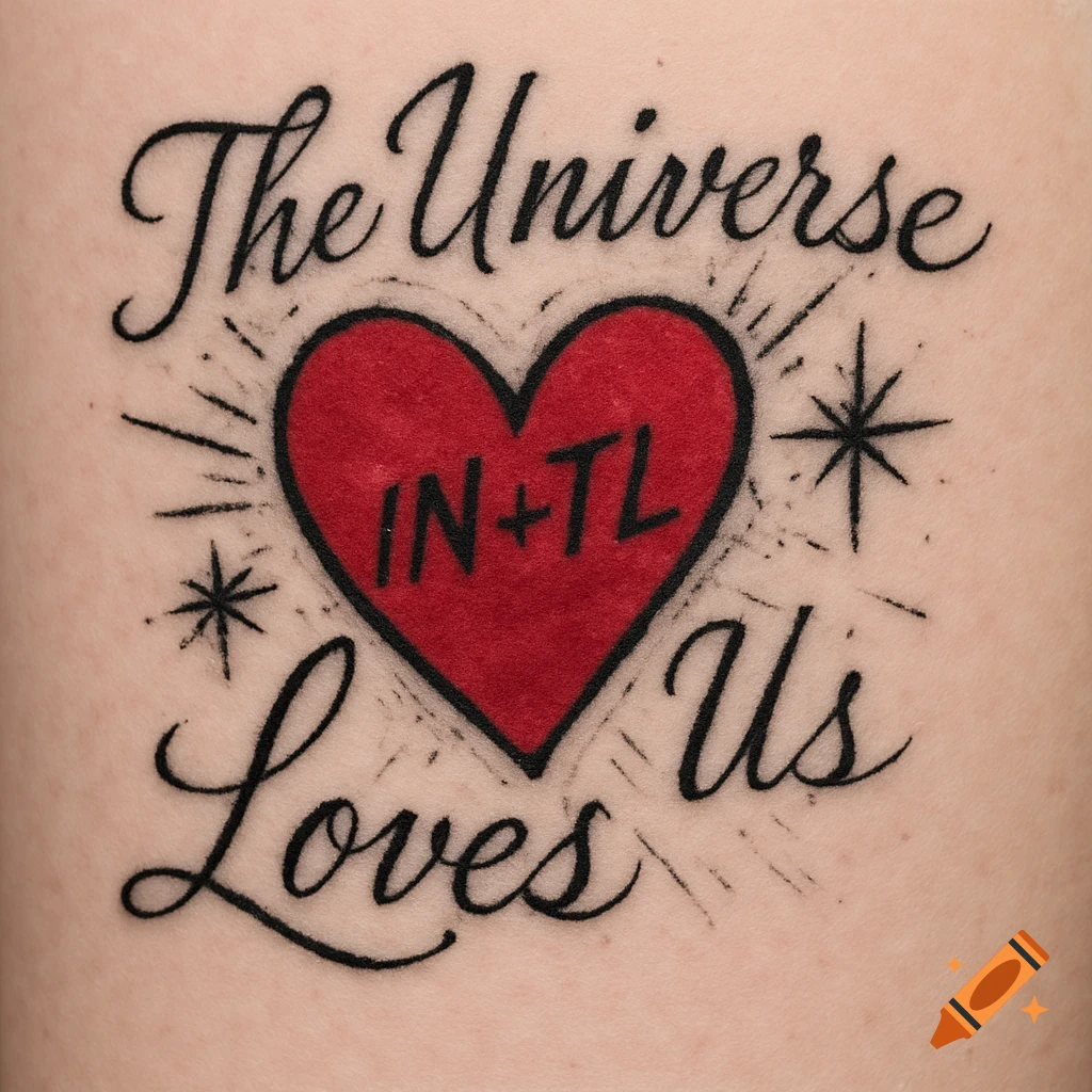Black and white tattoo with a blood red heart, cursive text IN + TL and ...