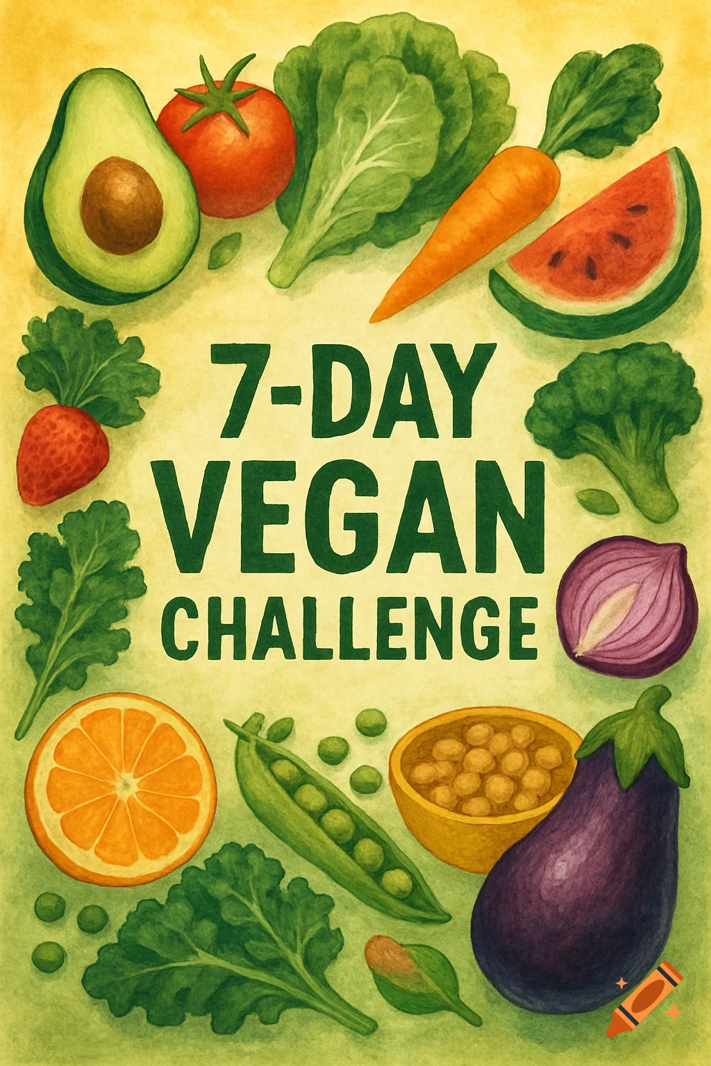 Watercolor style illustration of vegetables and fruits surrounding the text '7-Day Vegan ...
