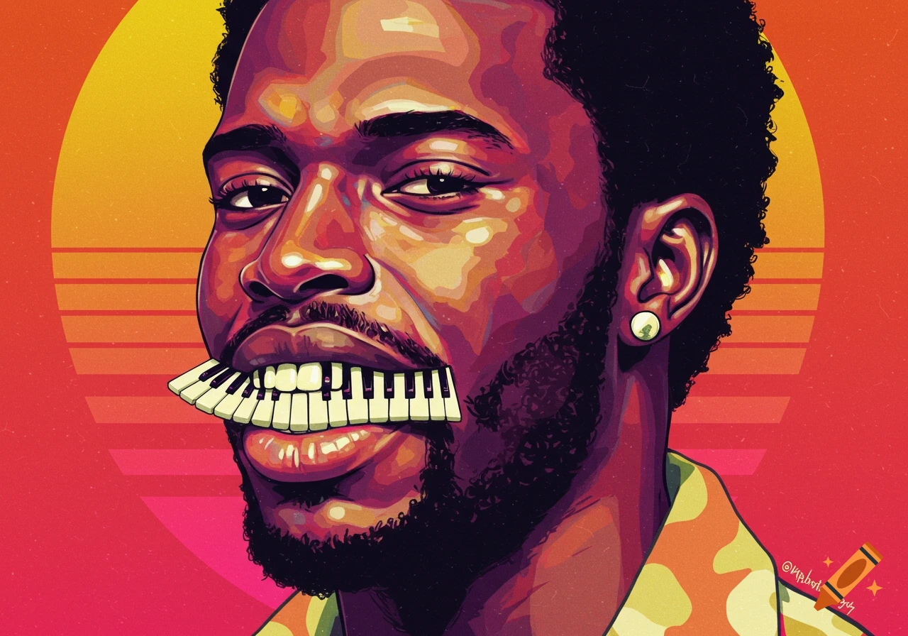 Black man with piano key teeth and retro pattern skin on Craiyon