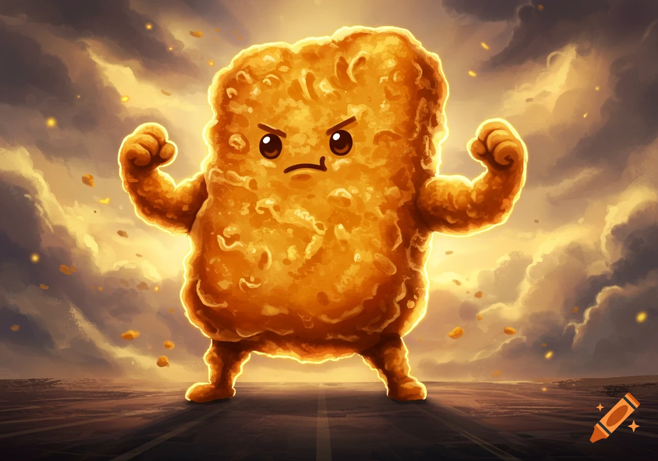 Mighty cartoon chicken nugget flexing muscles in dramatic lighting. on Craiyon