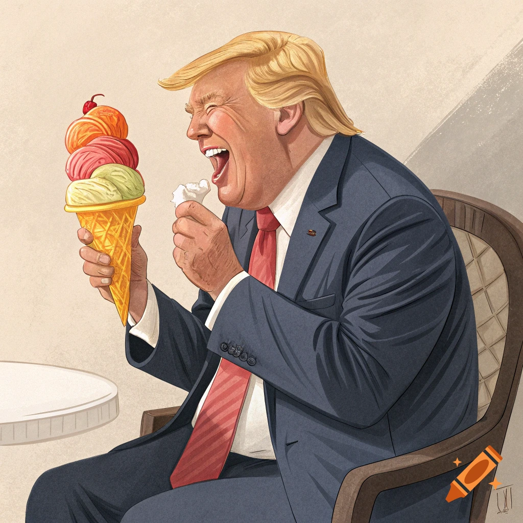 Illustration of a caricature of Donald Trump eating a large ice cream ...
