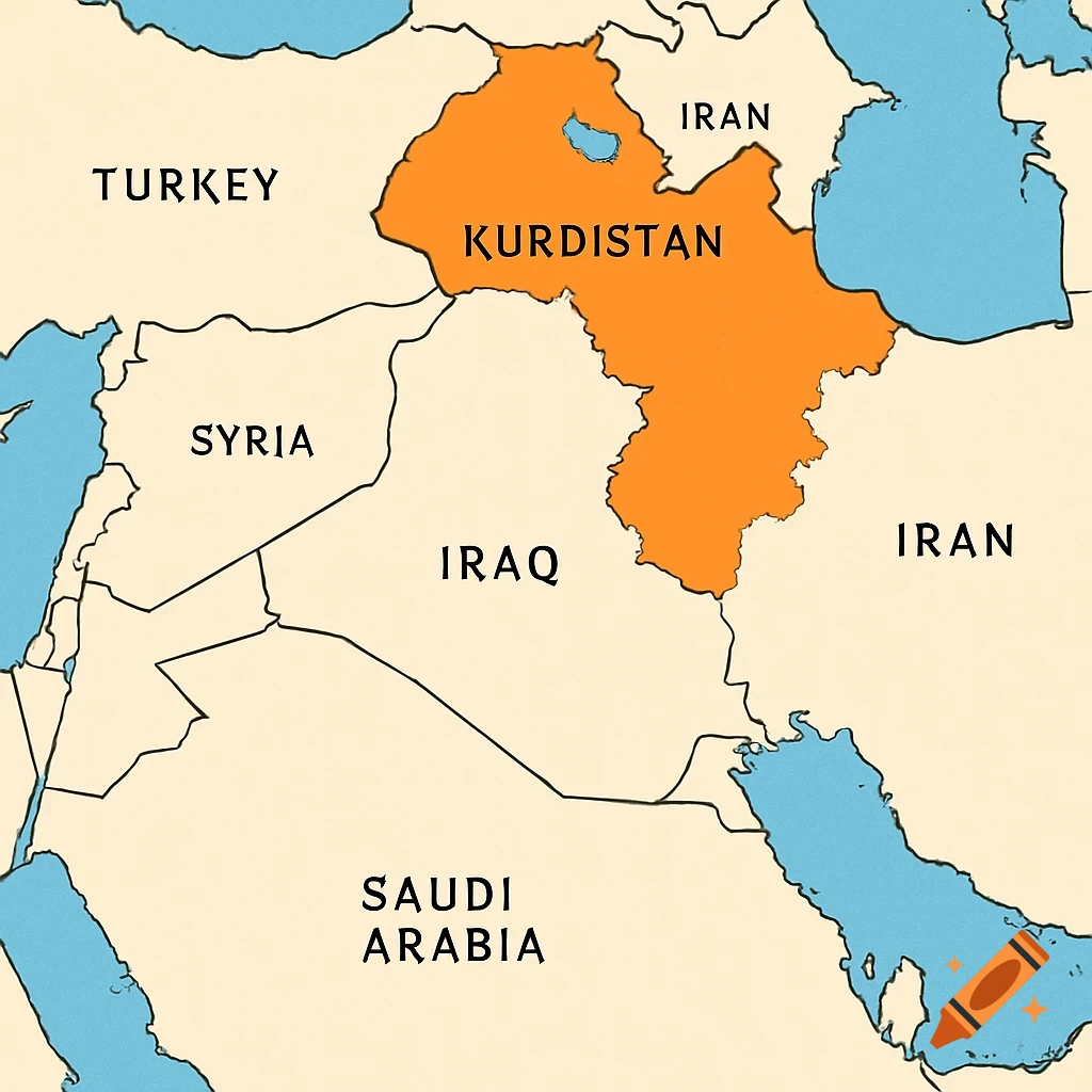 Map of the Middle East with a defined Kurdistan region on Craiyon