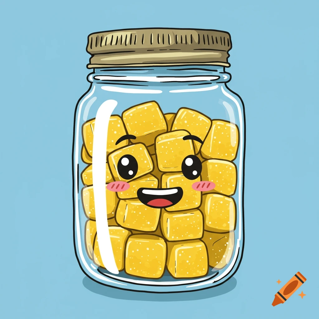 Cartoon jar with yellow cubes and a smiling face on Craiyon