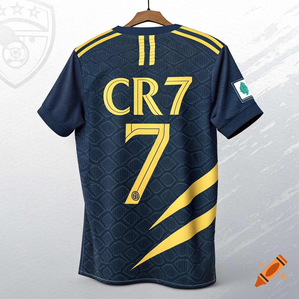 Dark blue soccer jersey with yellow CR7 and number 7 on the back ...