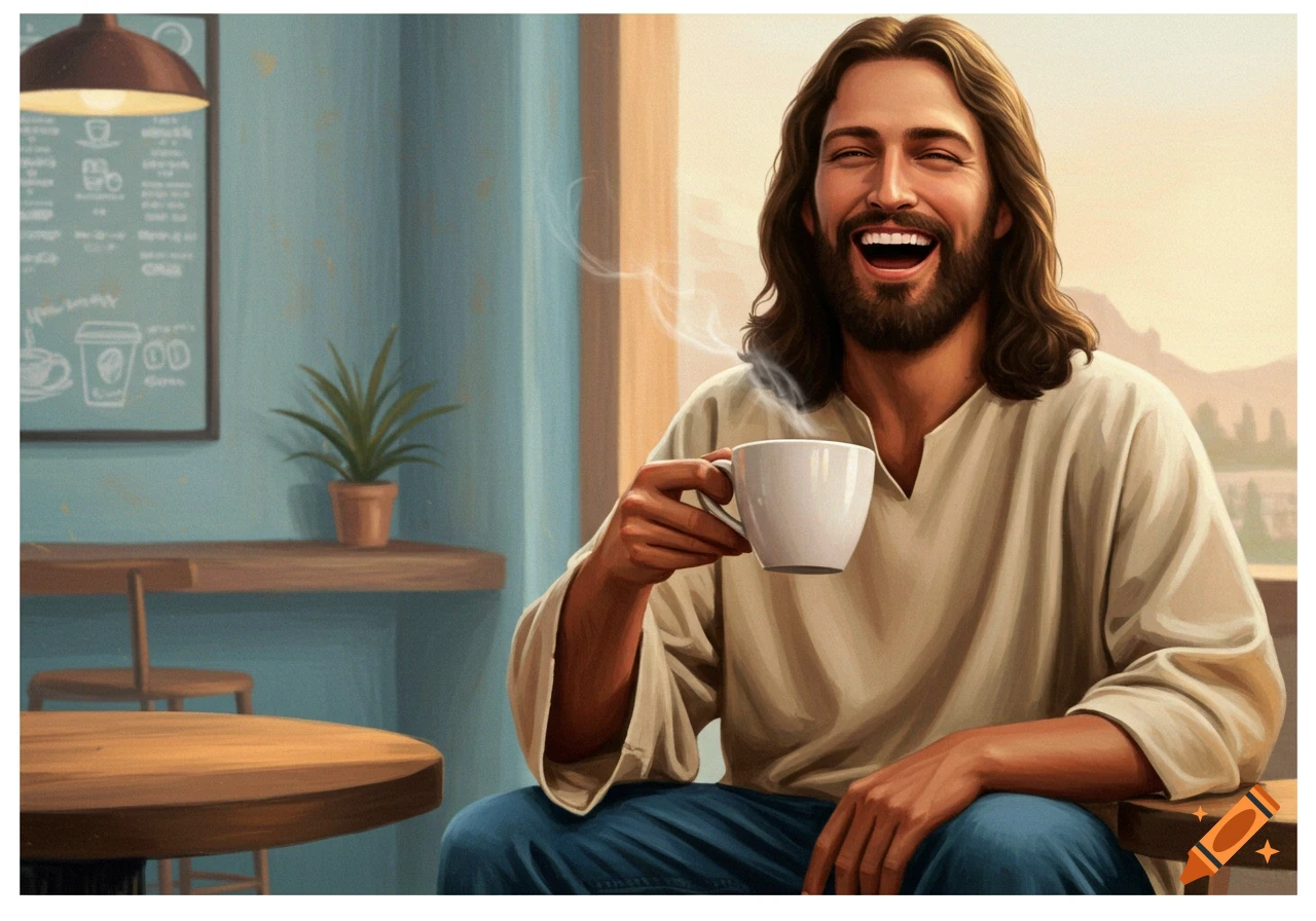 White Jesus in robes and headphones holds a coffee cup at a wooden table with a podcast ...
