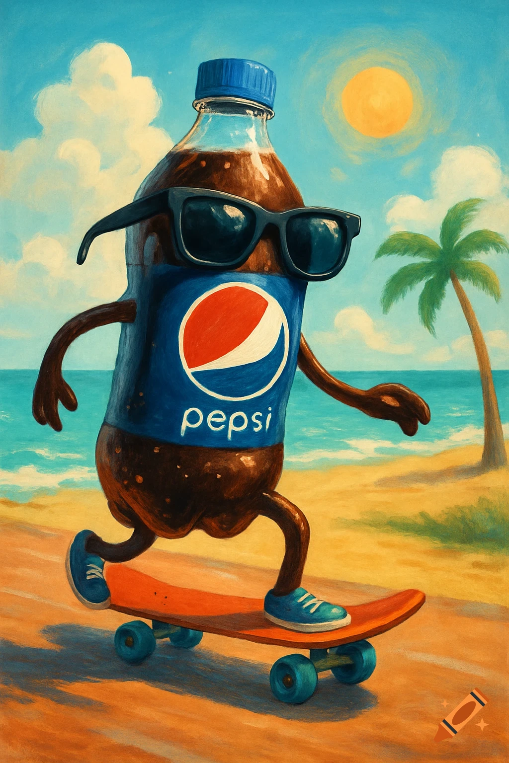 Pepsi bottle with sunglasses skating on the beach on Craiyon