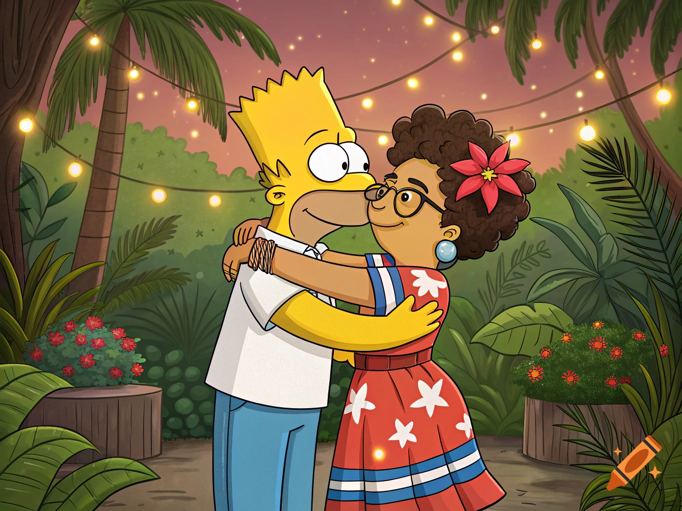 Cartoon of Bart Simpson hugging a woman in a tropical setting with ...