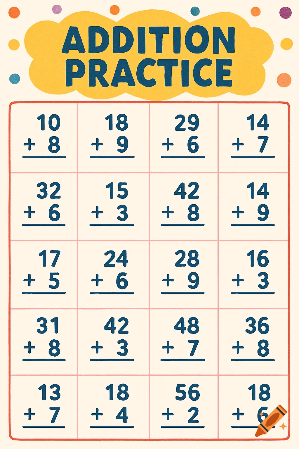 Colorful math worksheet for kids: Addition Practice on Craiyon