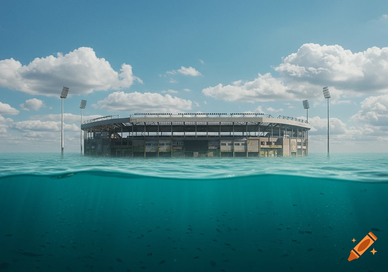 A large stadium is partially submerged in the ocean under a cloudy sky ...