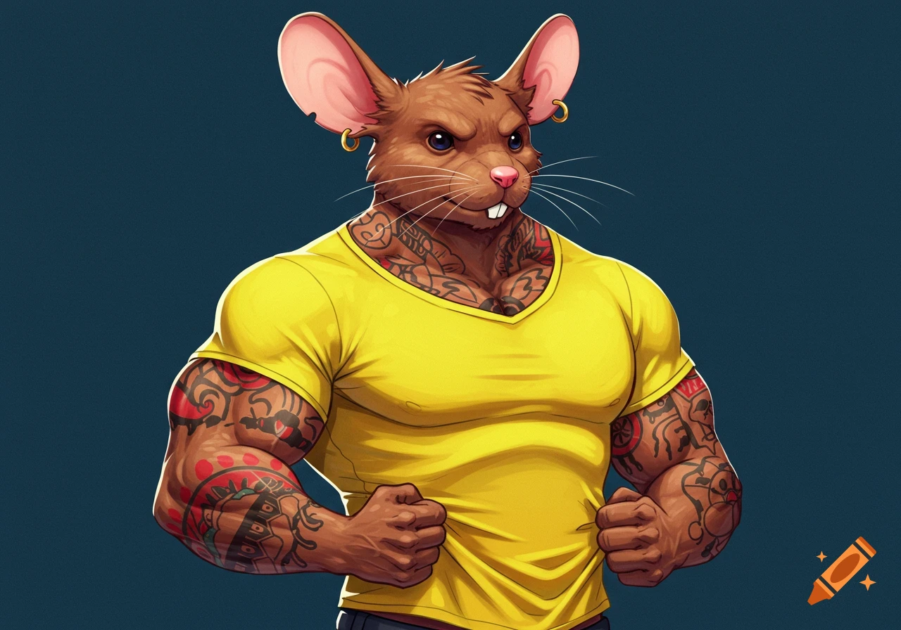 Muscular anthropomorphic mouse with tattoos wearing a yellow shirt ...