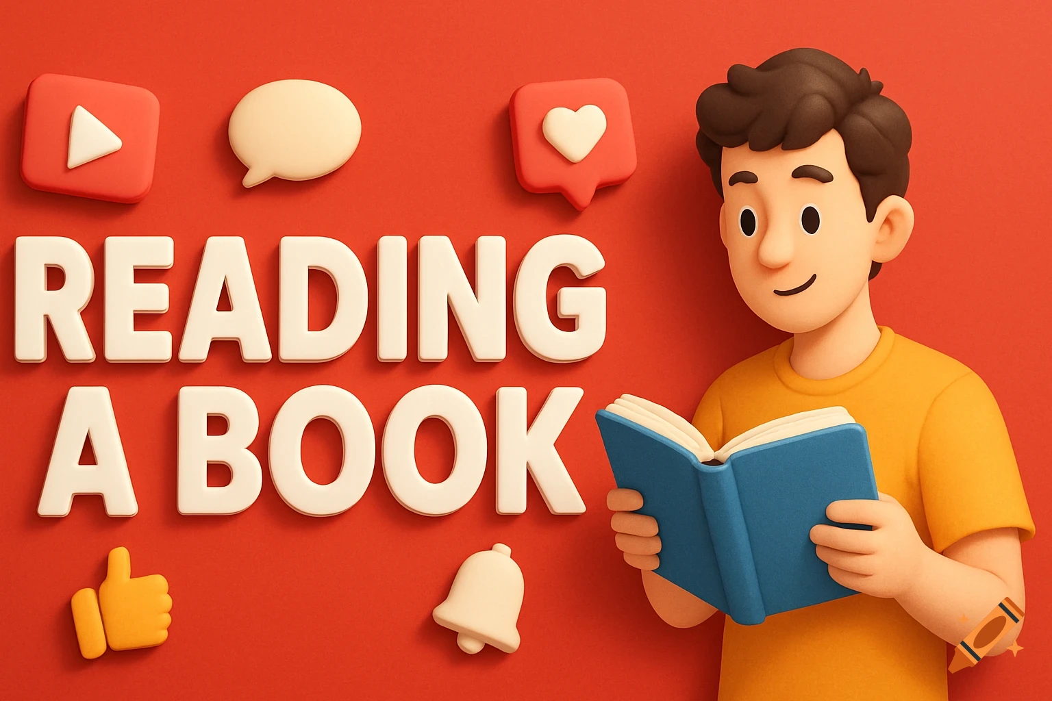 3D cartoon person reading a book with social media icons and text ...