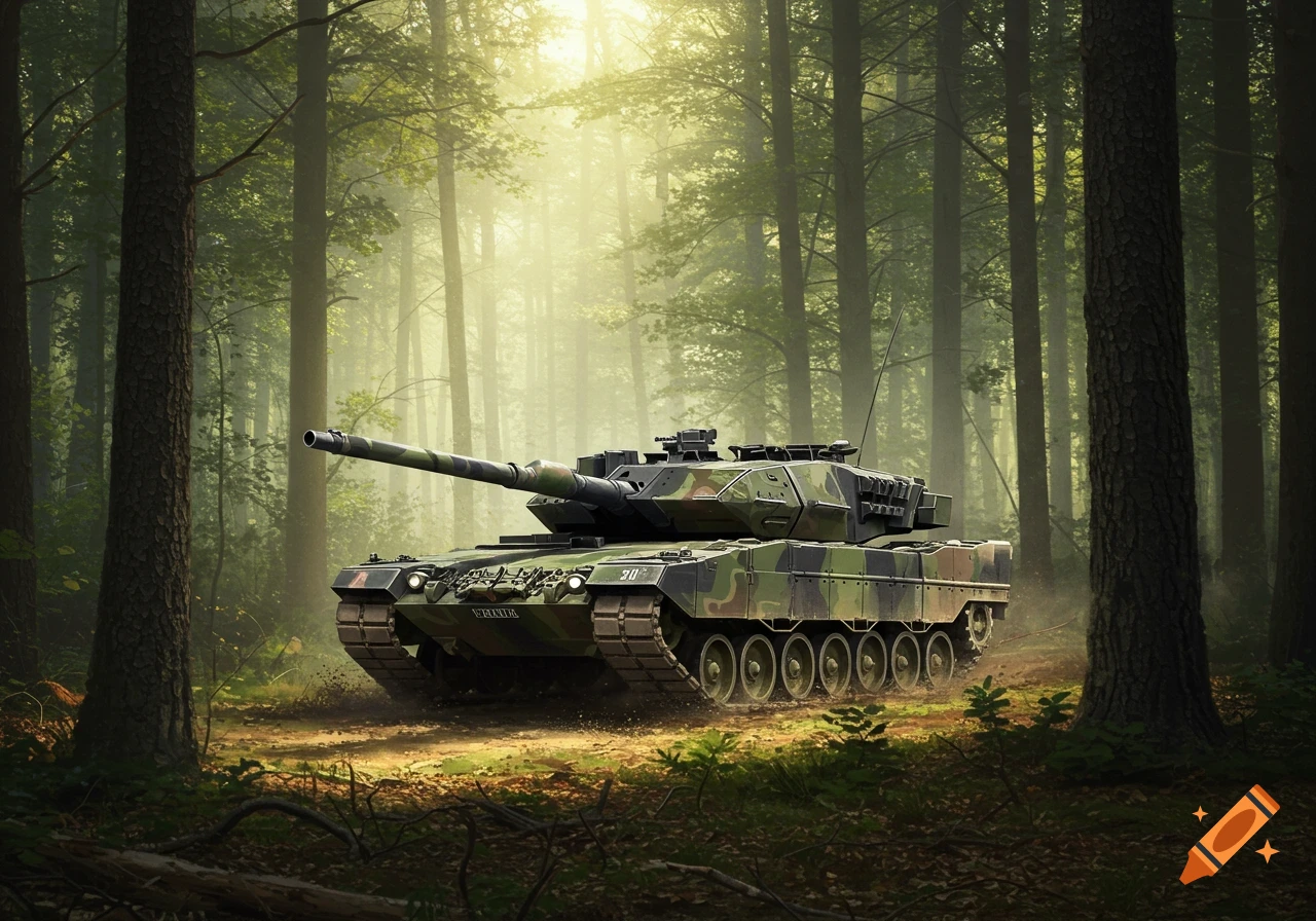 A Leopard tank sits on a dirt track in a misty forest. on Craiyon