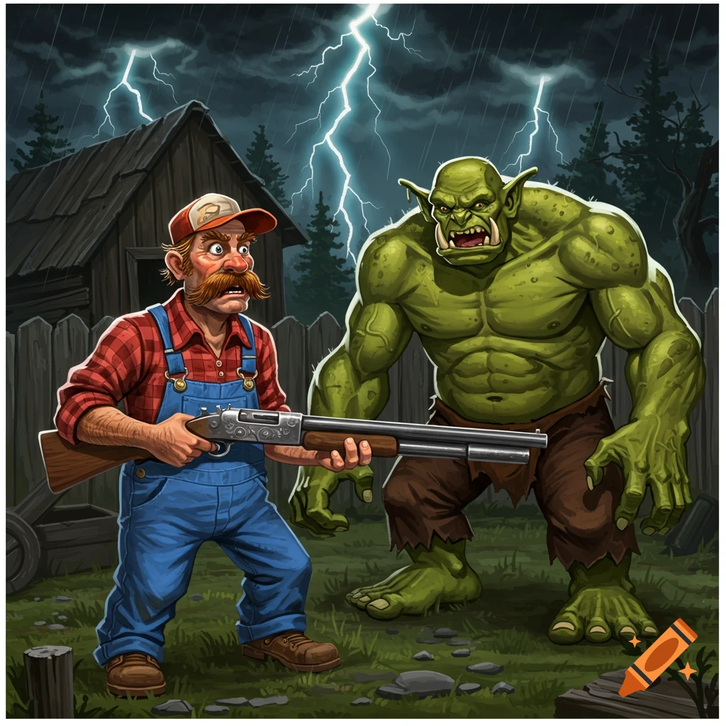 Cartoon image of a farmer with a shotgun facing a large green ogre ...