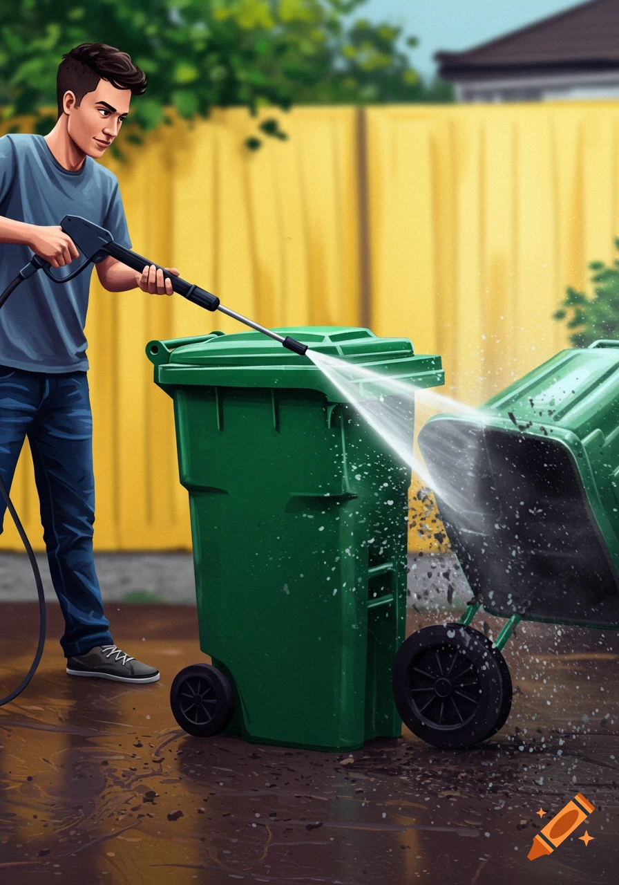 A man pressure washing green garbage bins outside. on Craiyon