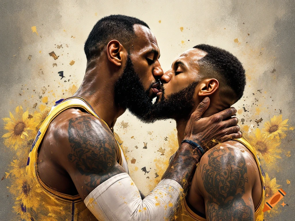 Photorealistic portrait of two men resembling Lebron James and P Diddy embracing and smiling. on ...