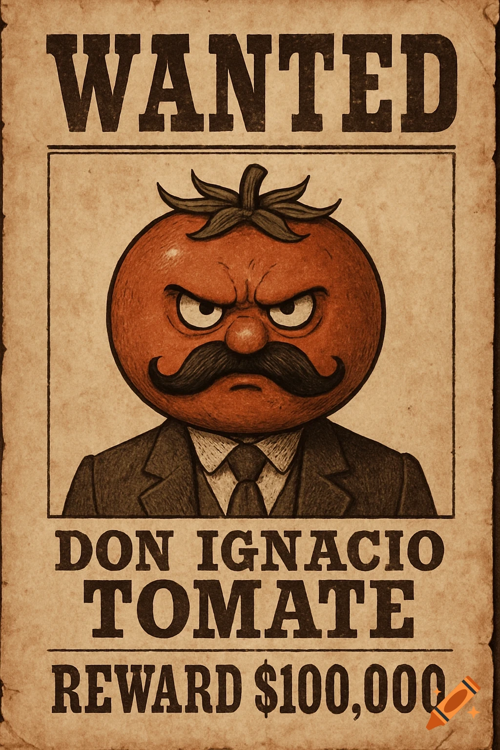 Wanted poster of Don Ignacio Tomate, tomato face with handlebar ...