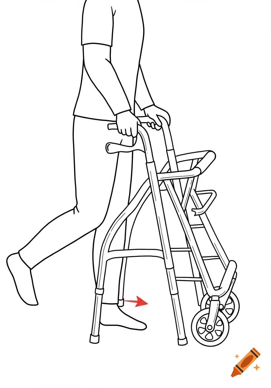 Line drawing of a person using a walker, lifting their right leg with ...