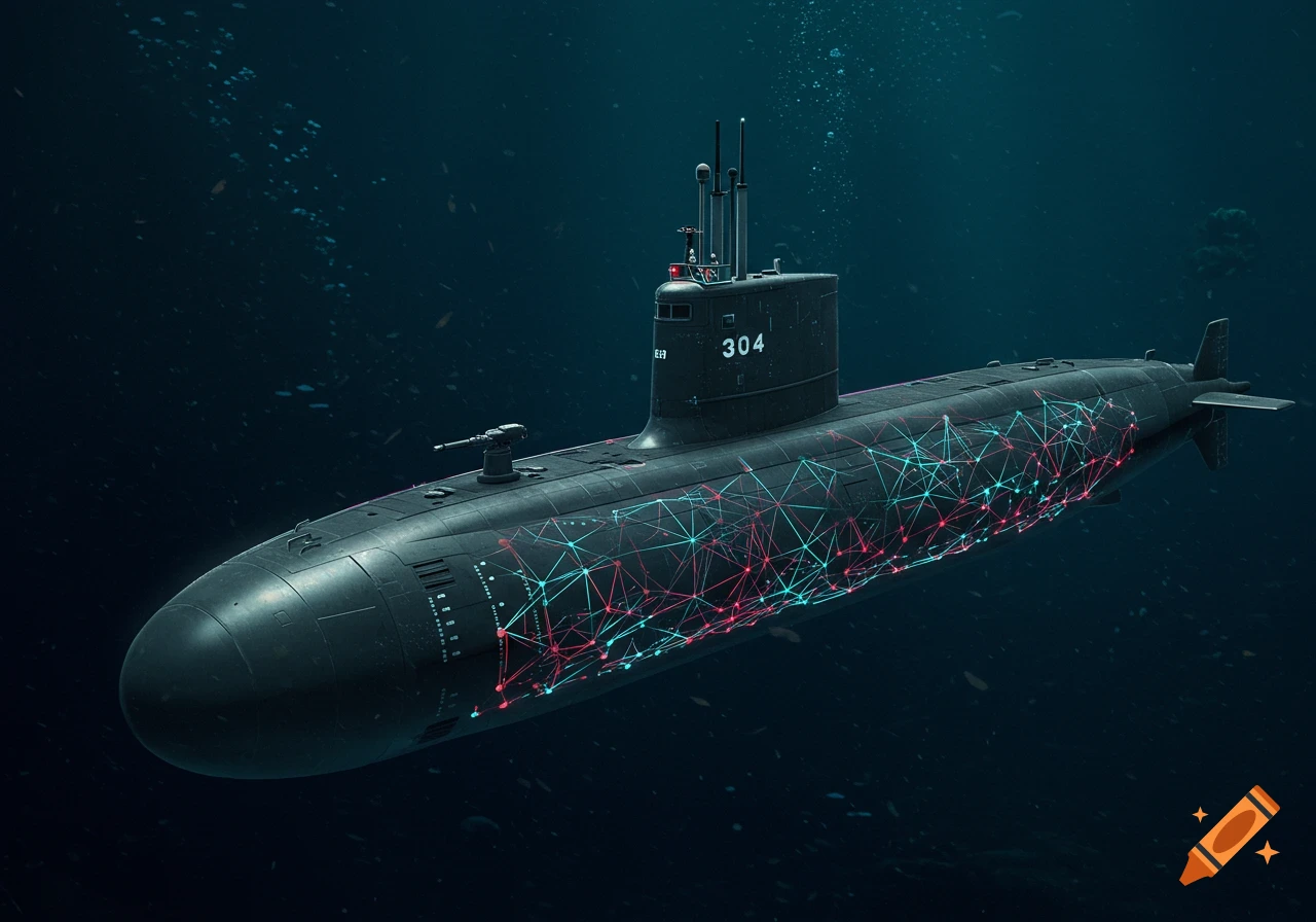 A futuristic black submarine with blue lights underwater. on Craiyon