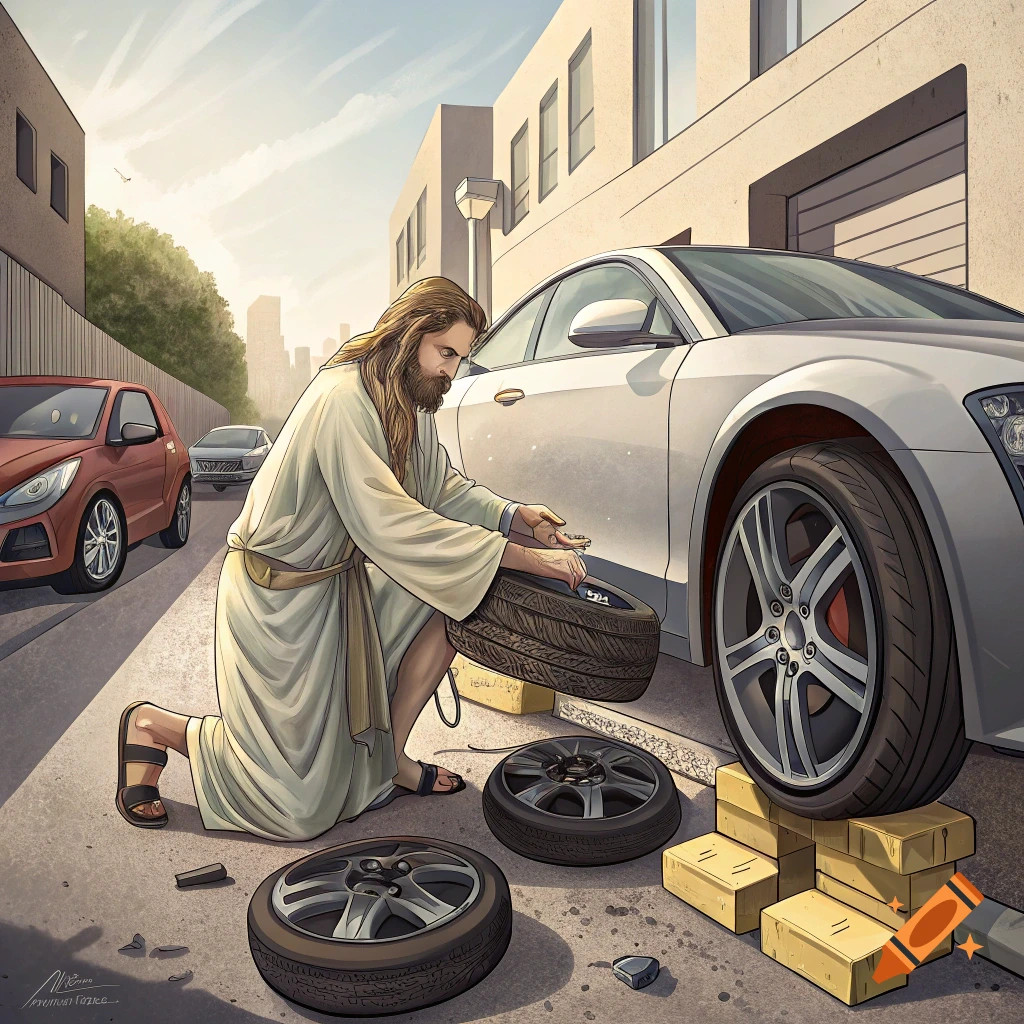 Jesus kneels beside a white car changing a tire on a sunny street, with ...
