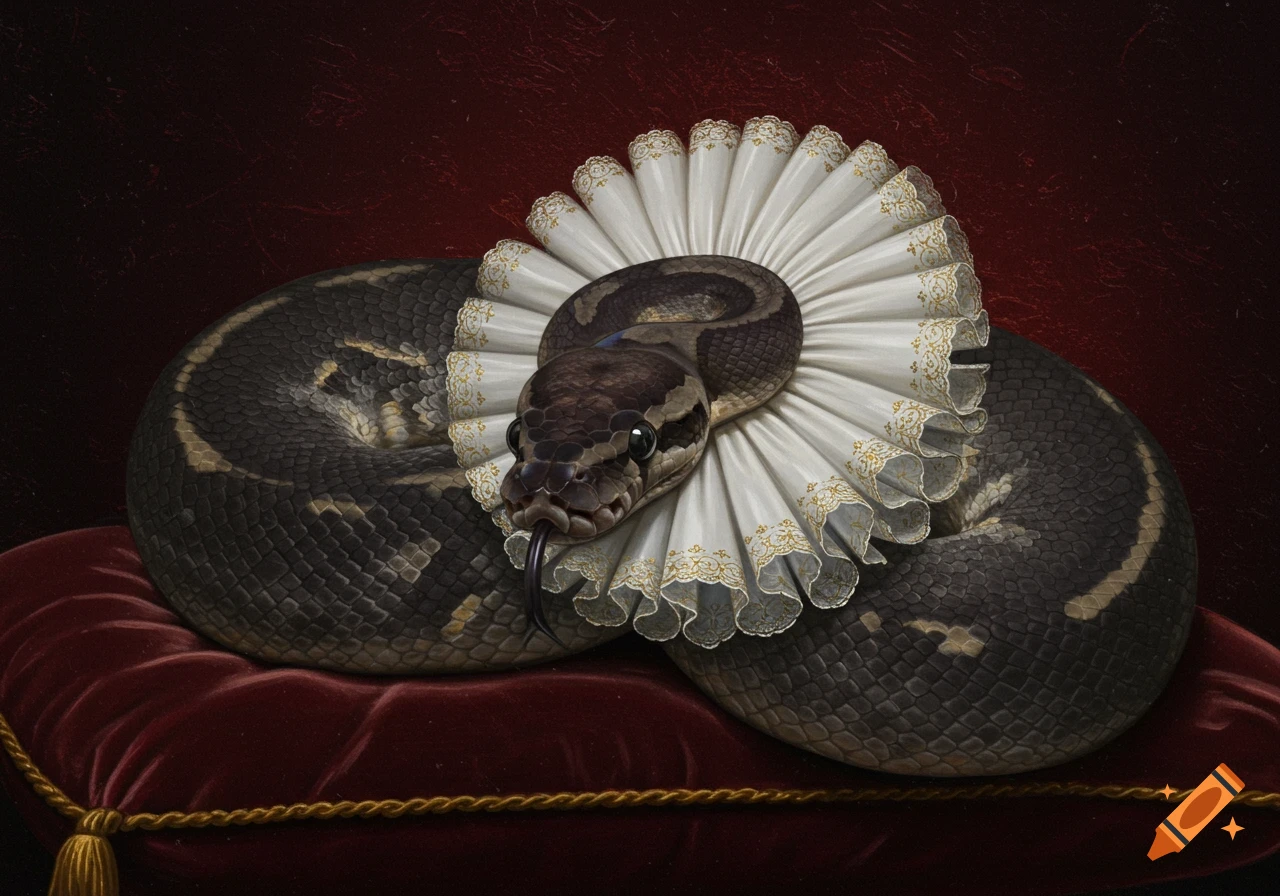 A ball python snake wears a ruffled Elizabethan collar while resting on ...