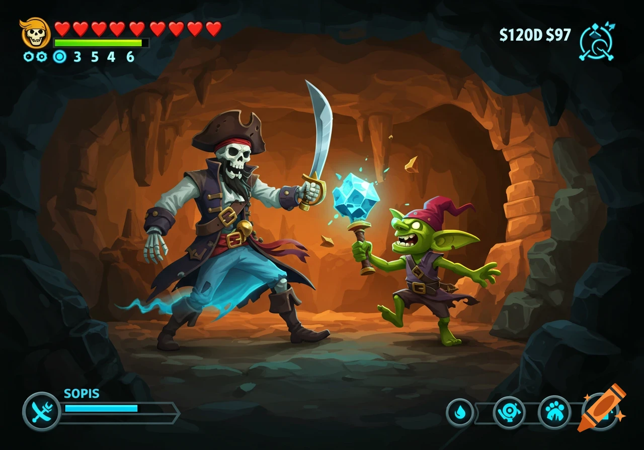 Cartoon style screenshot of a skeleton pirate fighting a goblin in a ...