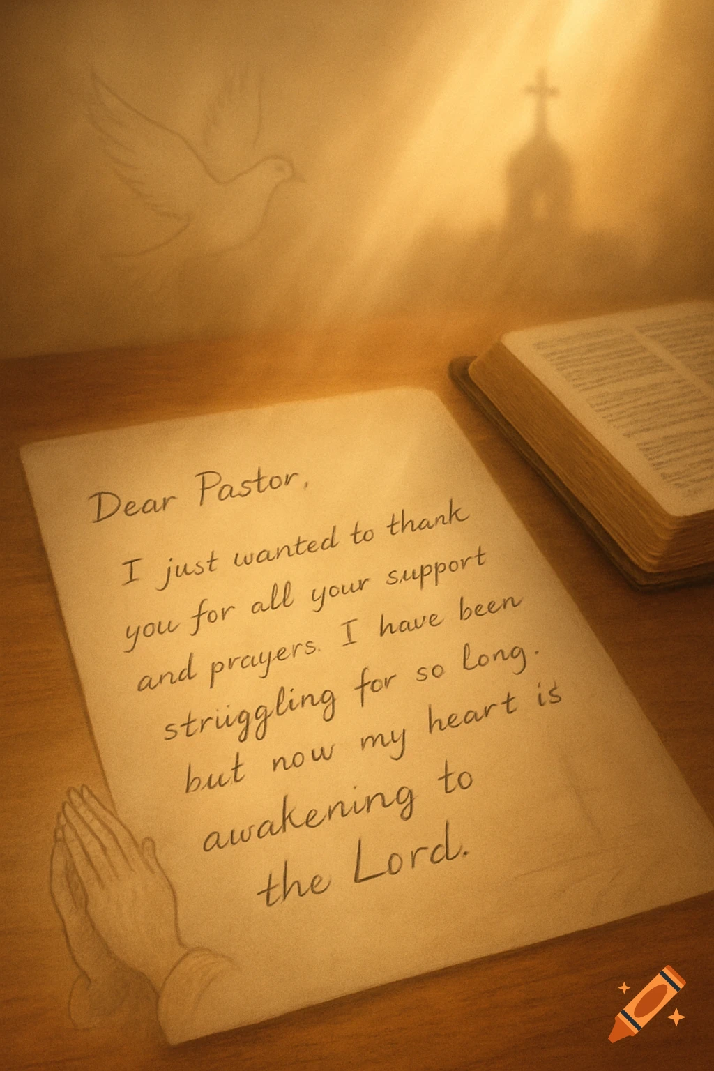 Handwritten letter with religious symbols on a desk: praying hands ...