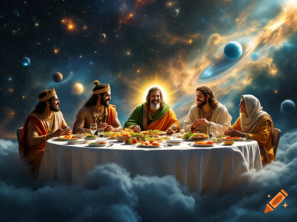 Photorealistic image of an Interfaith Unity Banquet in a cosmic setting ...