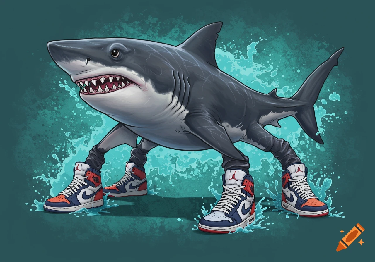 Illustration of a shark swimming underwater with two blue high-top ...