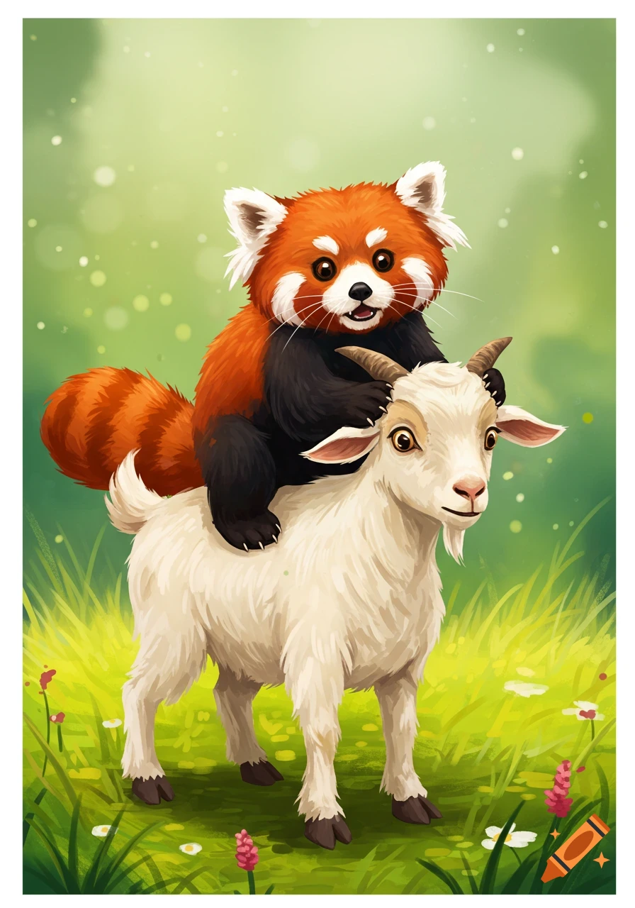 Cute illustration of a panda and a rooster touching noses in a field of ...