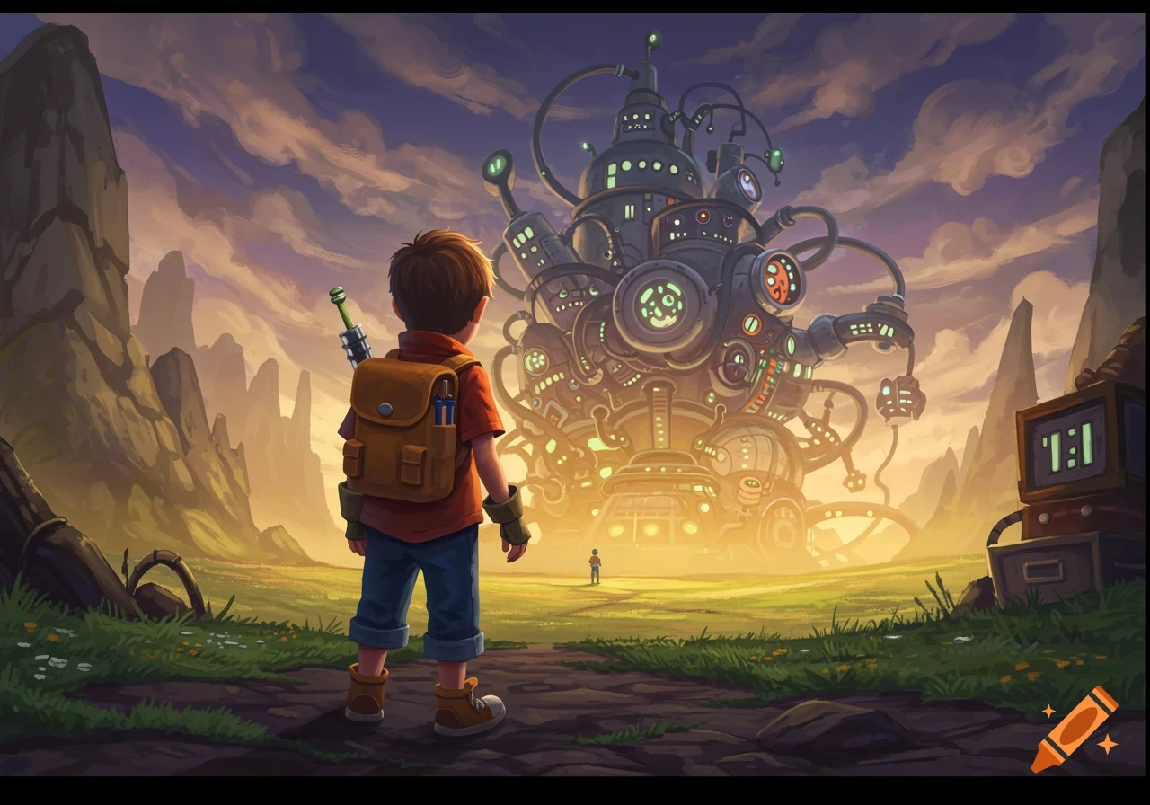 Young boy faces a large, complex machine in a vibrant fantasy landscape ...