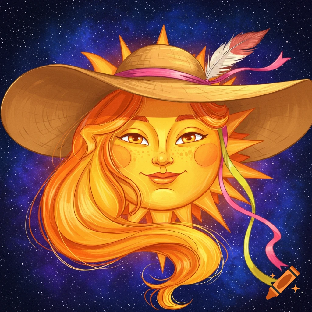 Sun with a hat and long hair on Craiyon