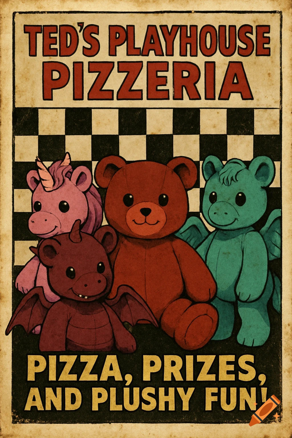 A vintage style flyer for Ted's Playhouse Pizzeria featuring stuffed ...