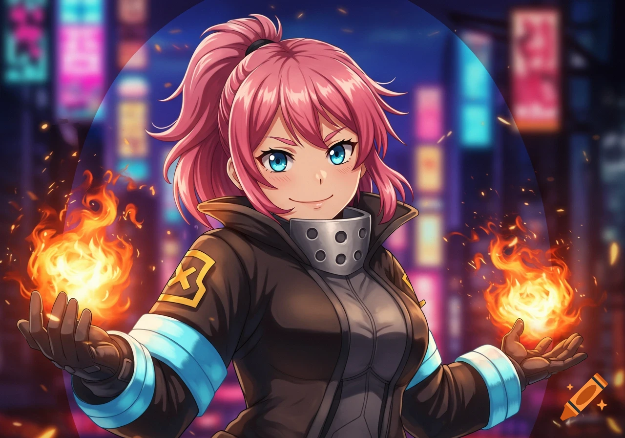 Anime girl with pink hair holding fire, in a city at night, anime style ...