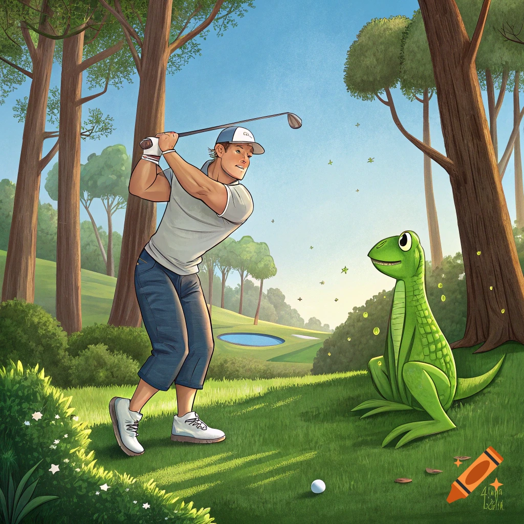 John Cena playing golf with a green salamander in a park on Craiyon