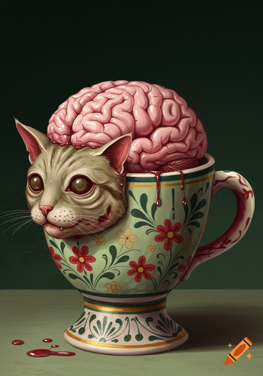 An illustration of a cat's head in a decorative teacup with a brain on ...