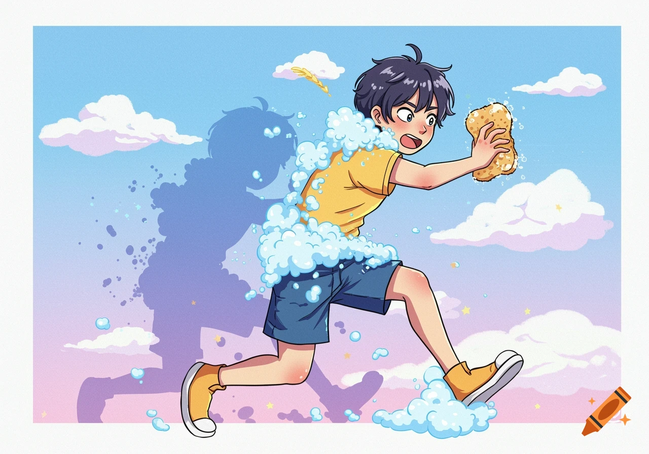Anime illustration of a boy washing his shadow with a sponge and ...