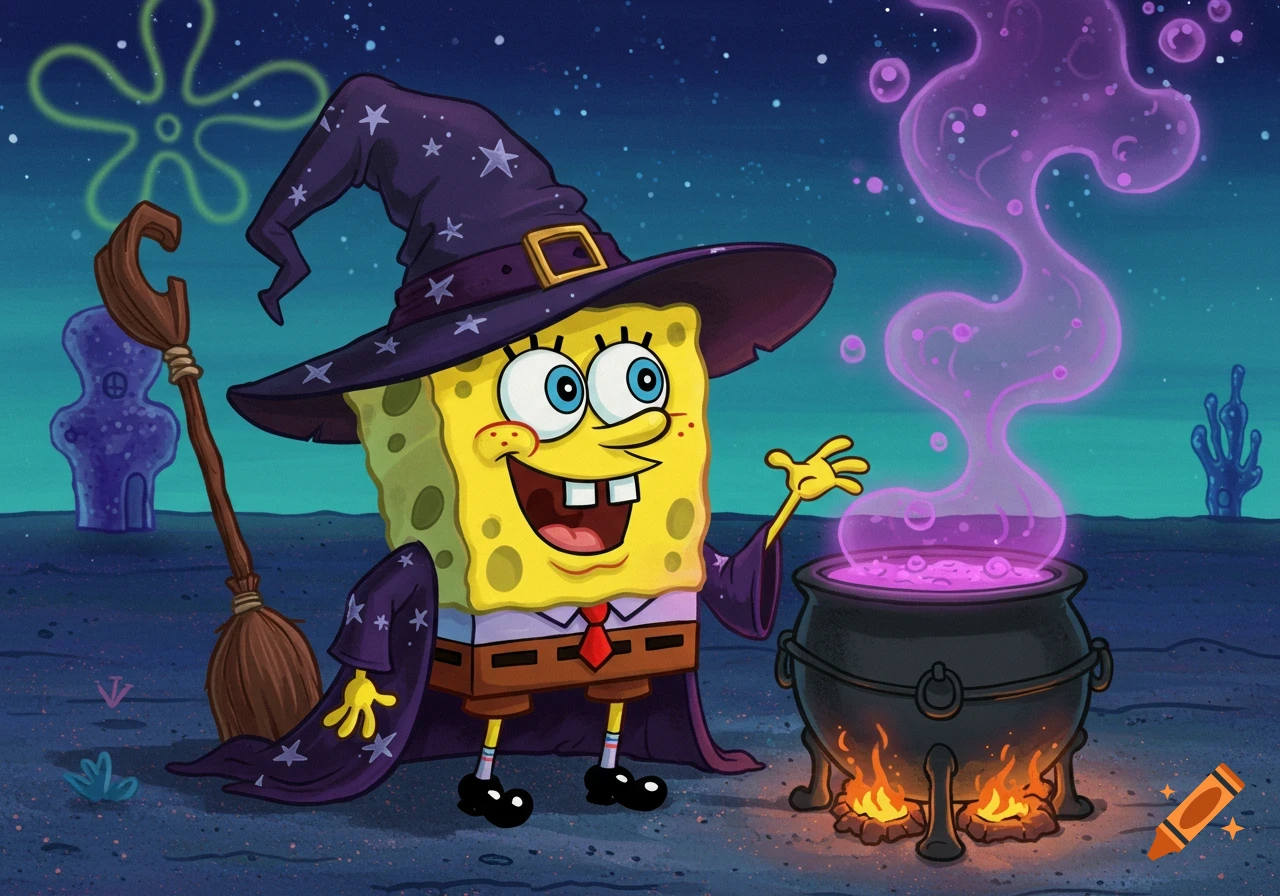 Spongebob Squarepants dressed as the Pope stands in a large church on ...