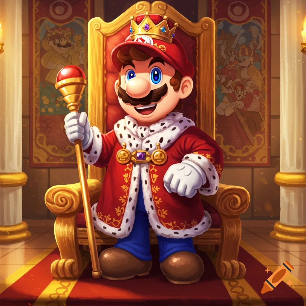 Mario dressed as a king, sitting on a throne, holding a golden staff ...