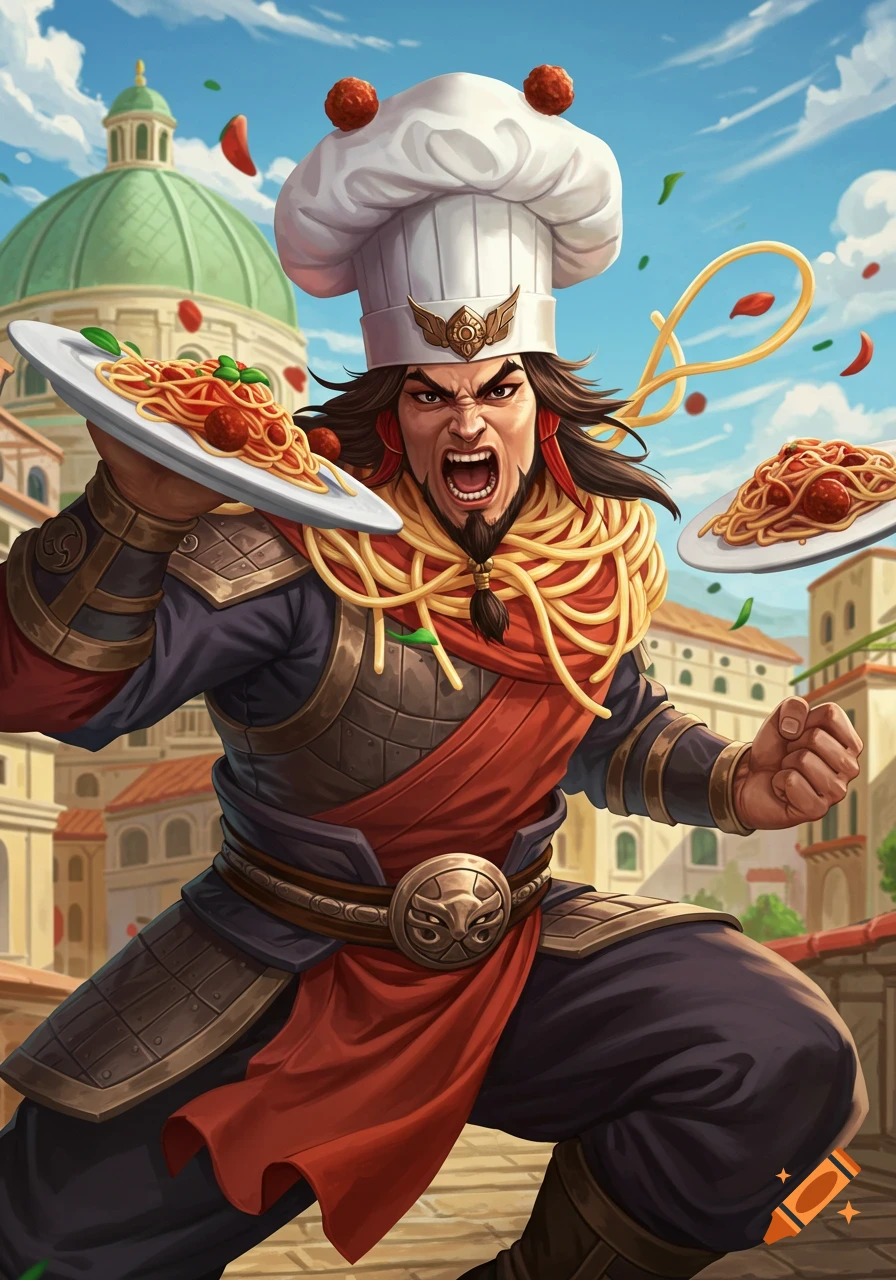 Dian Wei from Honor of Kings with Italian brainrot elements on Craiyon