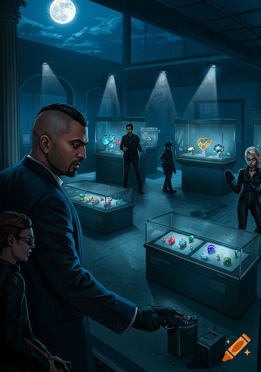 Digital illustration of a museum heist scene with people stealing ...